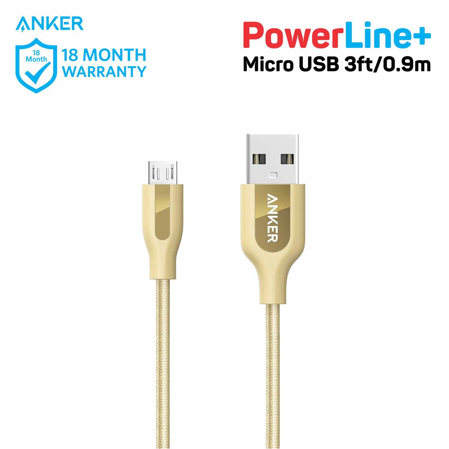 Jual Anker PowerLine+ Micro USB Cable 3ft/0.9m - Gold [A8142HB1]