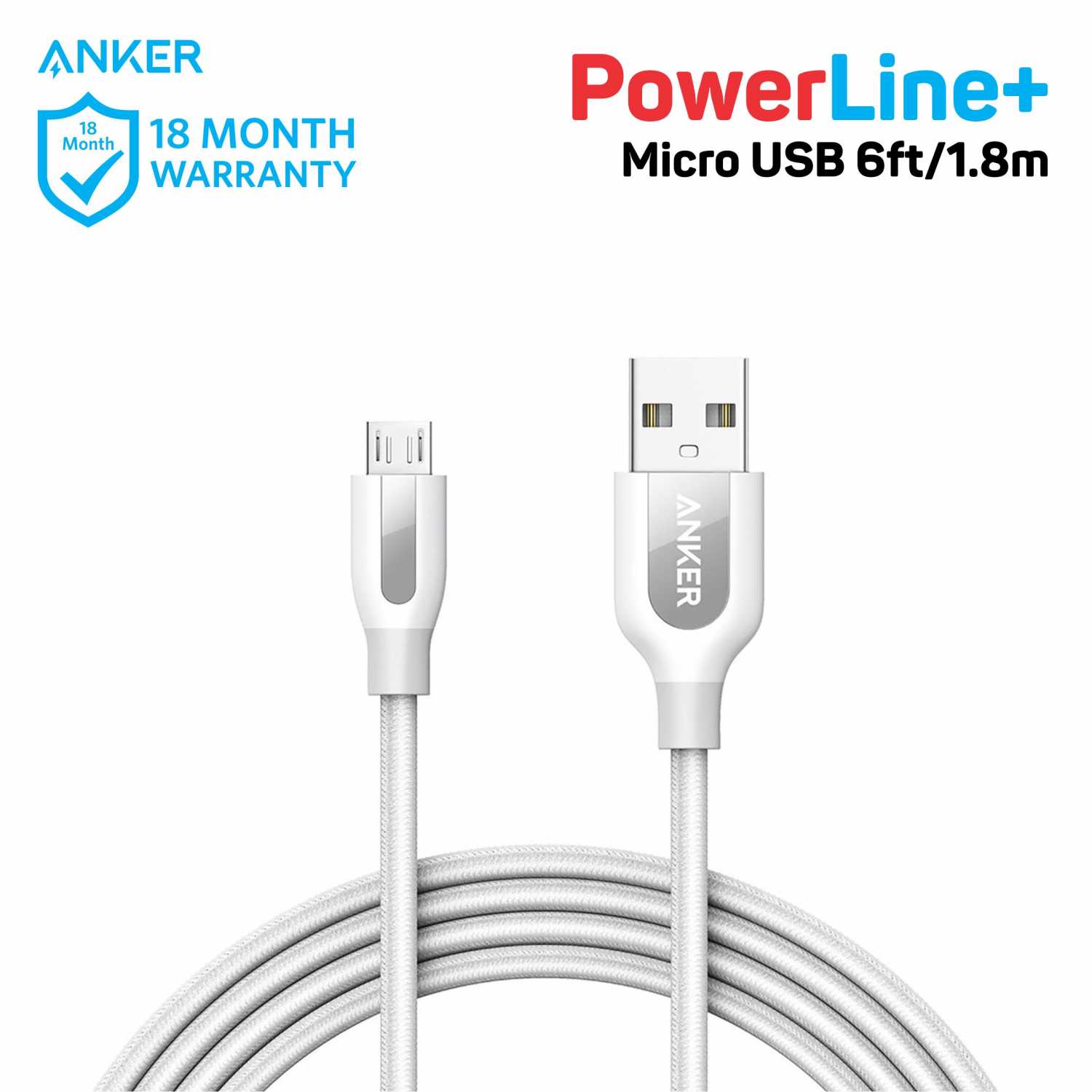 Jual Anker PowerLine+ Micro USB Cable 6ft/1.8m - White [A8143021]