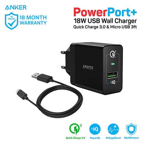 Jual PowerPort+ 1 with Quick Charge 3.0 UK Black + Anker 3ft