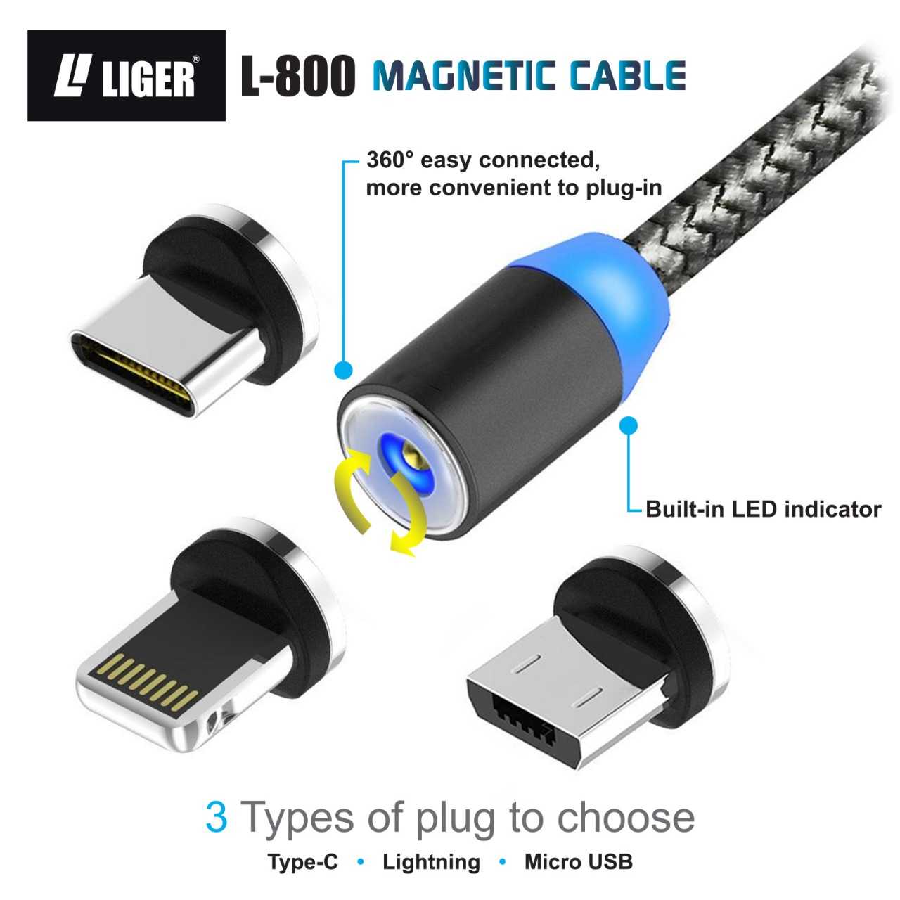Jual LIGER kabel charger magnetic LED 3in1 MICRO TYPE C IPHONE