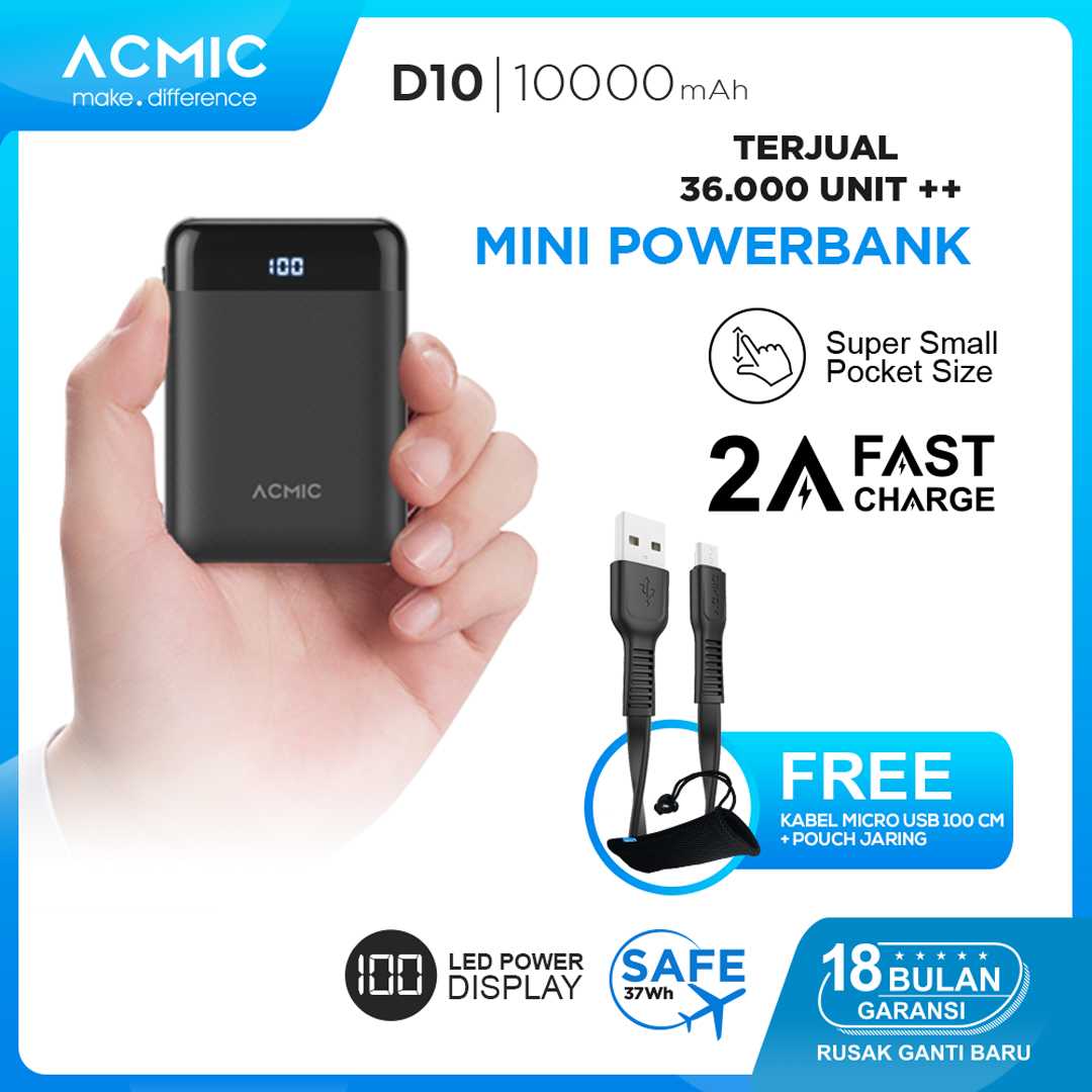 Jual ACMIC D10 10000mAh Mini PowerBank (Digital Display + 2A