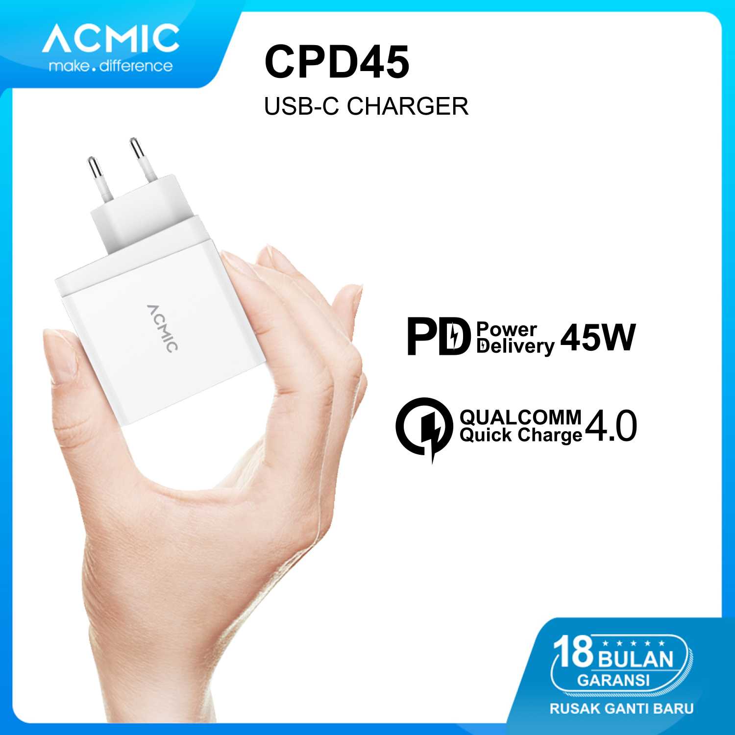 Jual ACMIC CPD45 USB-C 45W Power Adapter Super Fast Charging