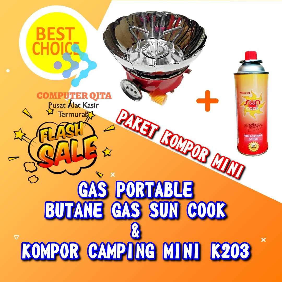 Jual PAKET CAMPING KOMPOR K203 + BUTANE GAS PORTABLE KALENG SUN