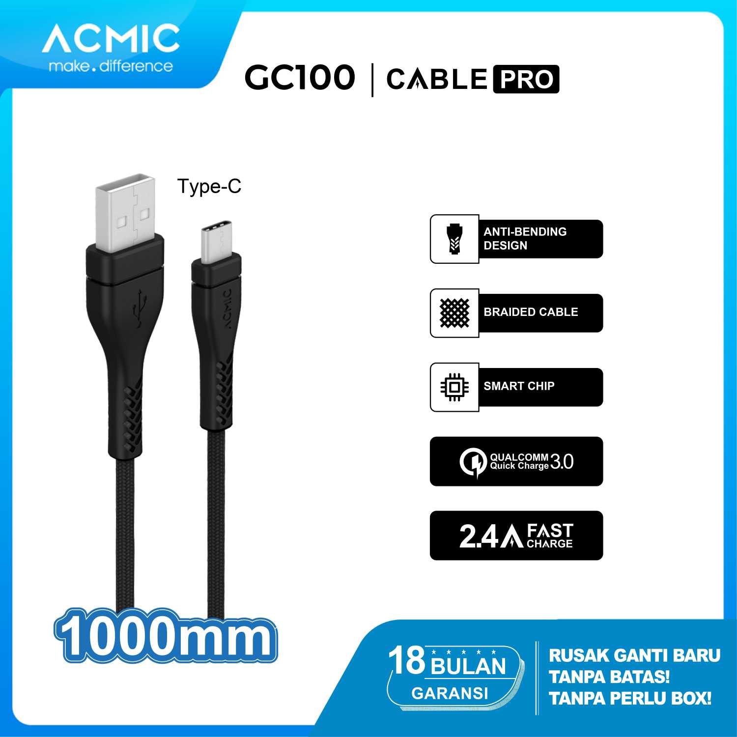 Jual ACMIC GC100 Kabel Data Charger USB Type C 100cm Fast