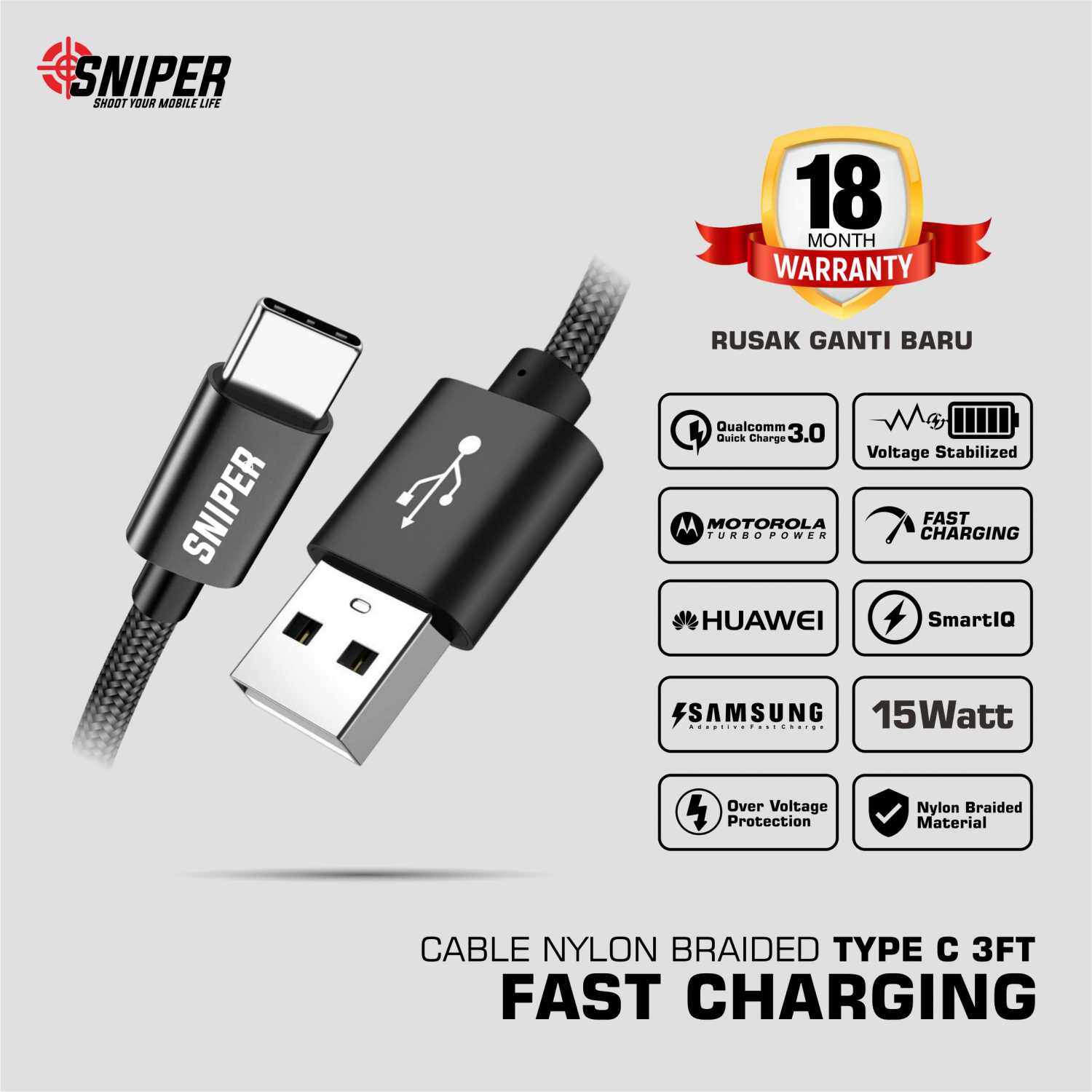 Jual Sniper Cable Nylon Braided USB A to USB C 3ft - Black