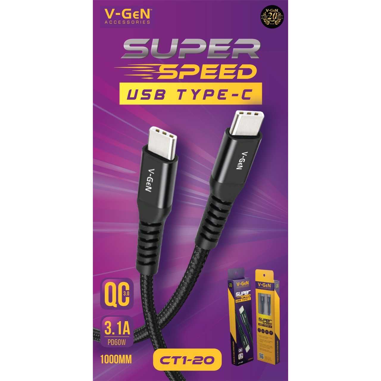 Jual Kabel Data USB V-GeN CT1-20 Fast Charging Type C to Type C