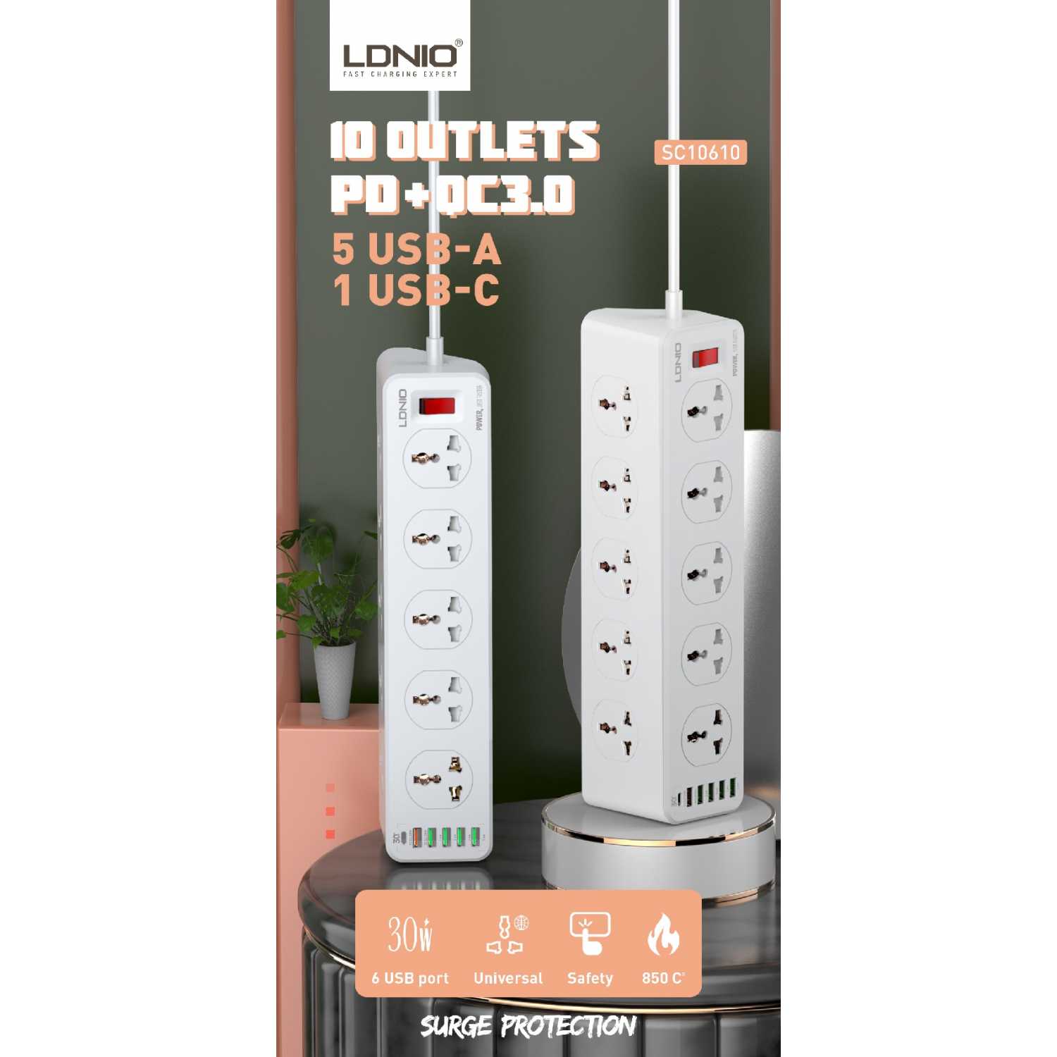 Jual LDNIO SC10610 Colokan Listrik Steker 10 Lubang Outlet 6 USB