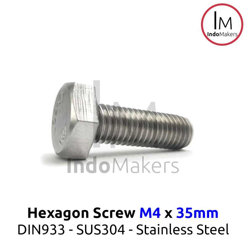 Jual DIN933 Hexagon Screw / Baut Hexa Stainless Steel M4 x 35mm
