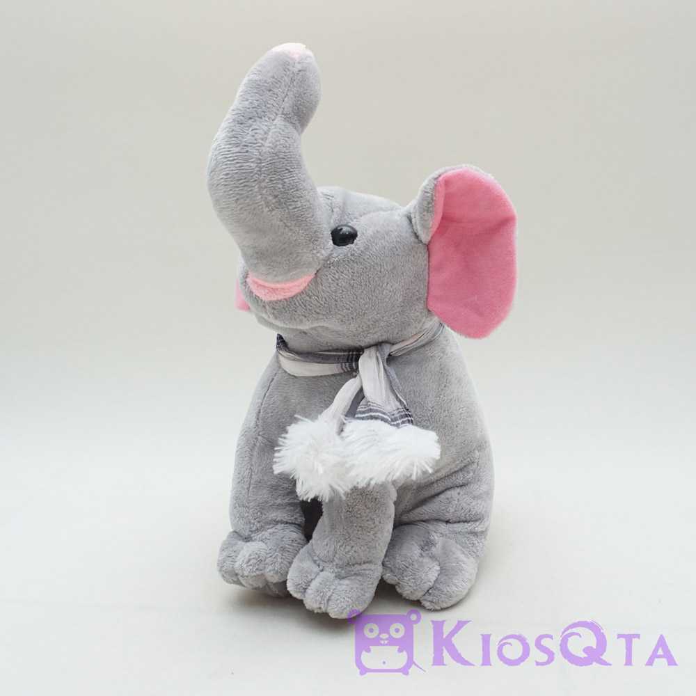 Jual boneka gajah belalai duduk abu abu syal putih medium