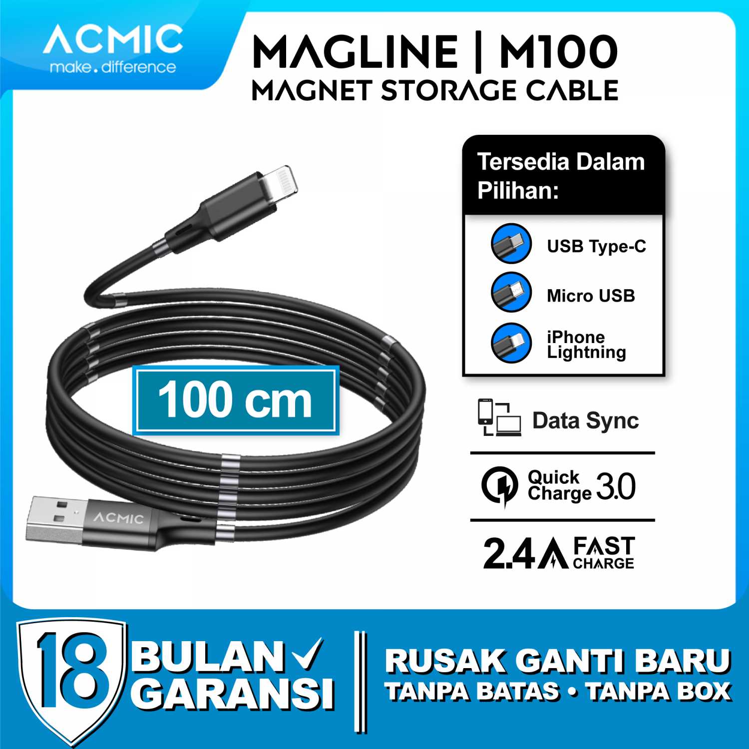 Jual ACMIC MAGLINE M100 Magnetic Kabel Data Charger Fast | Jakmall.com