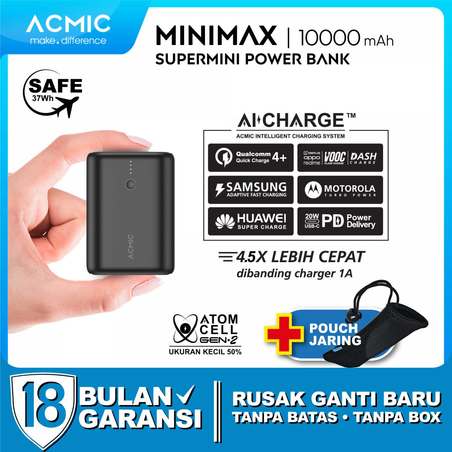 Jual ACMIC MINIMAX SuperMini 10000mAh AiCharge Power Bank (QC4