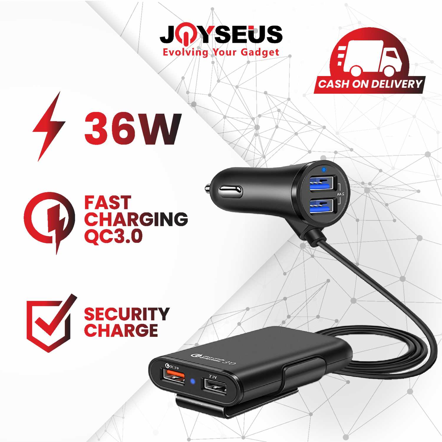 Jual JOYSEUS 4 Ports QC3.0+2.4A+3.1AUSB Car Charger - CM0005