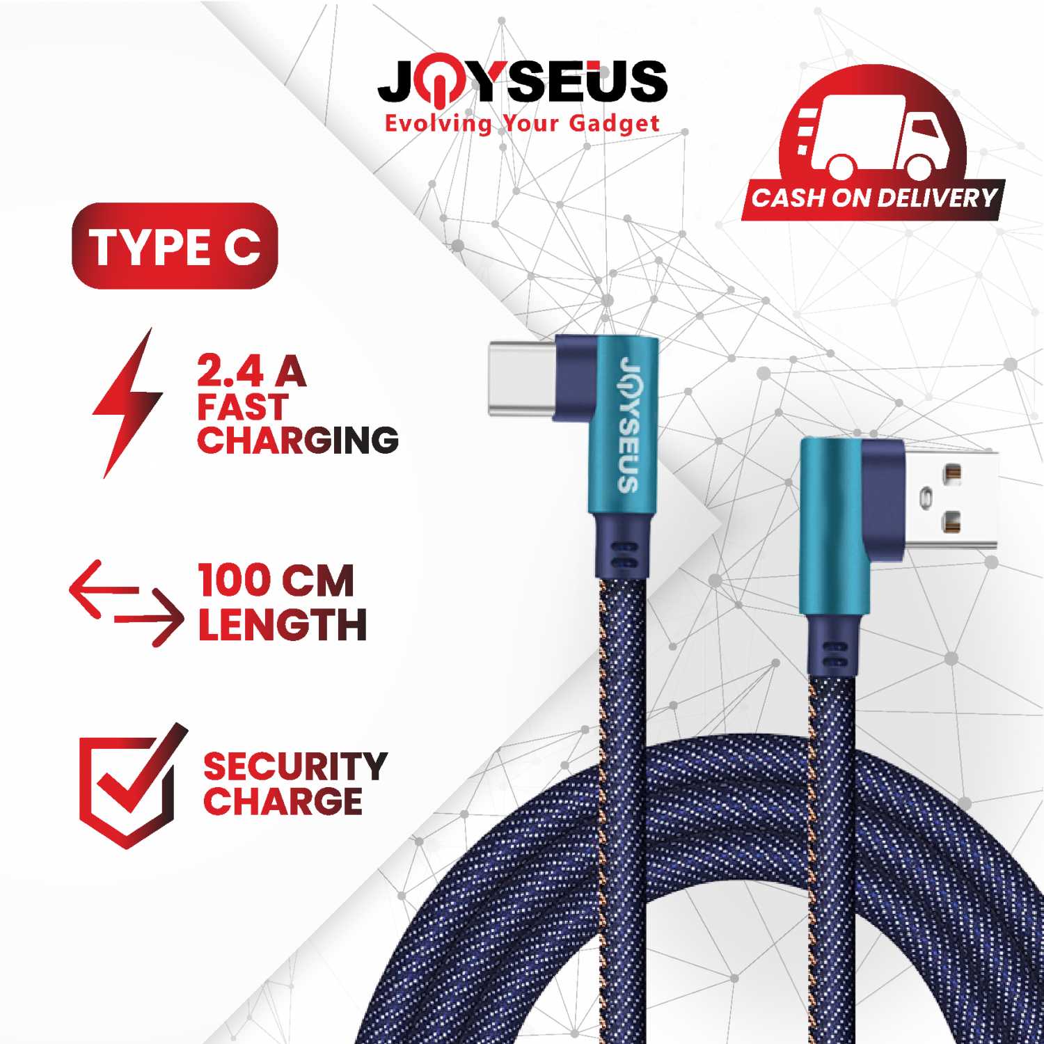 Jual Kabel Data 90 Degree Type-C Type C USB 2.4A JOYSEUS 100CM