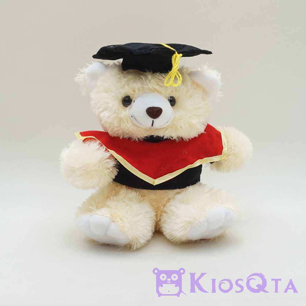 Jual boneka teddy bear krem wisuda toga hitam merah small NOV