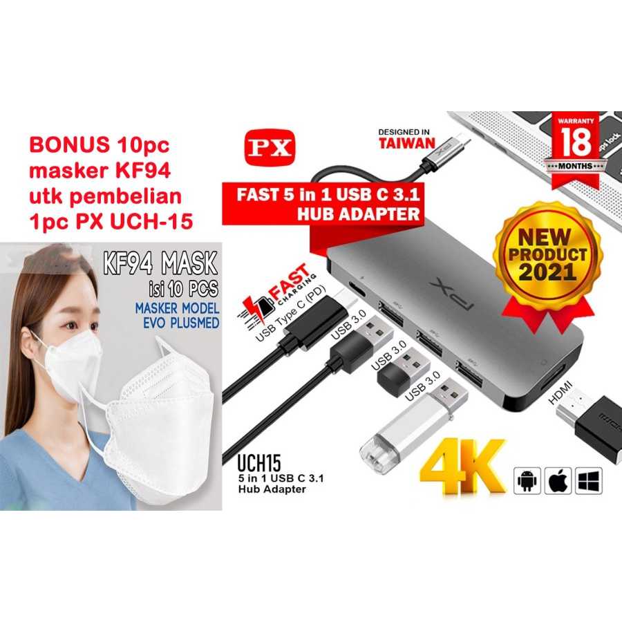 Jual PX UCH-15 Hub Converter USB Type C to HDMI USB 3.0 | Jakmall.com