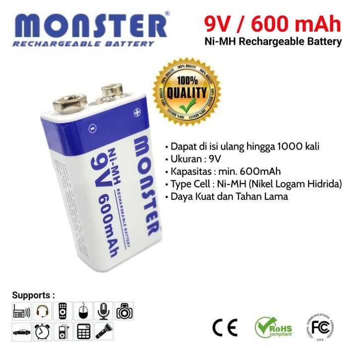 Jual MONSTER 600mAh 9v Baterai isi ulang ( rechargeable battery