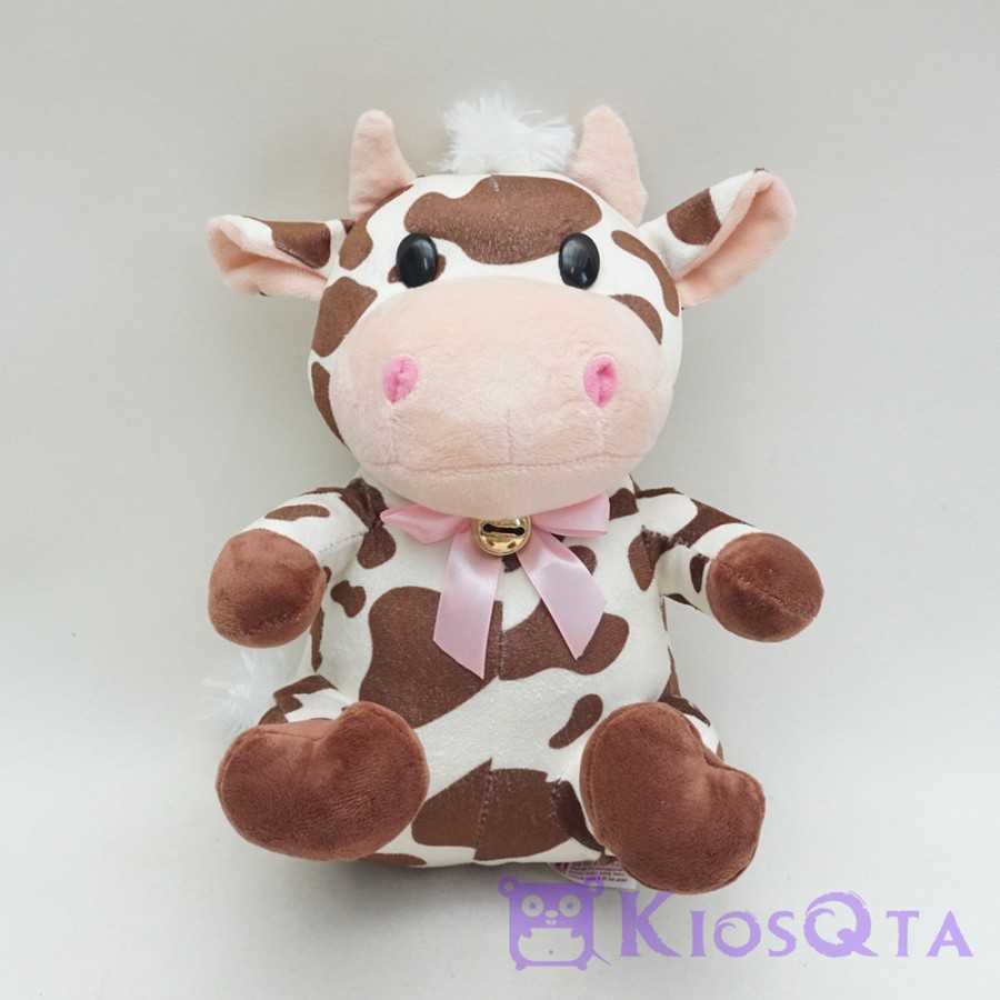 Jual boneka sapi coklat putih duduk sitting cow medium DES