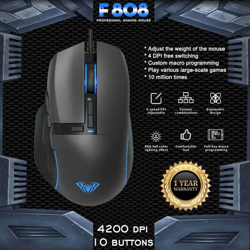 Jual Mouse Gaming AULA F808 Elegant Mouse- RGB 4 Color LED