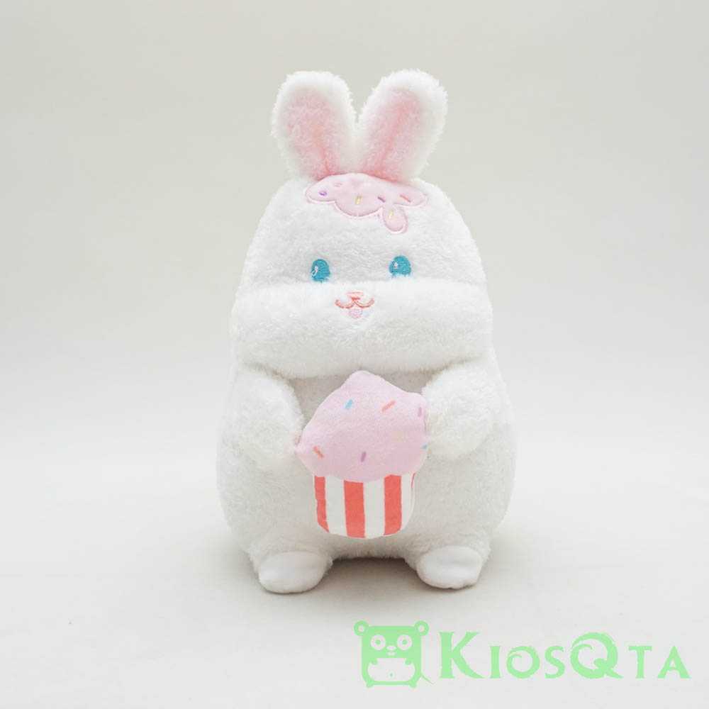 Jual boneka kelinci gendut cute rabbit bulu putih bawa popcorn