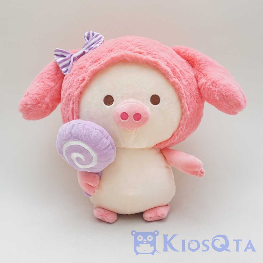 Jual boneka babi lucu gendut hoodie pink bawa permen ungu large