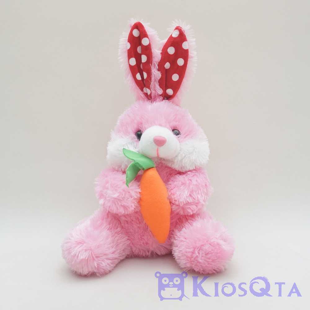 Jual boneka kelinci lucu pink telinga merah bawa wortel medium