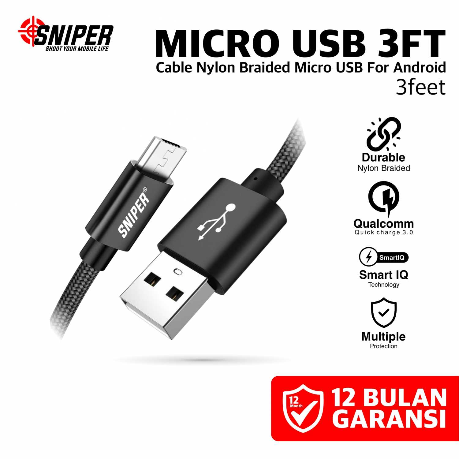 Jual Sniper Cable Nylon Braided Micro USB 3ft /0.9m - Black