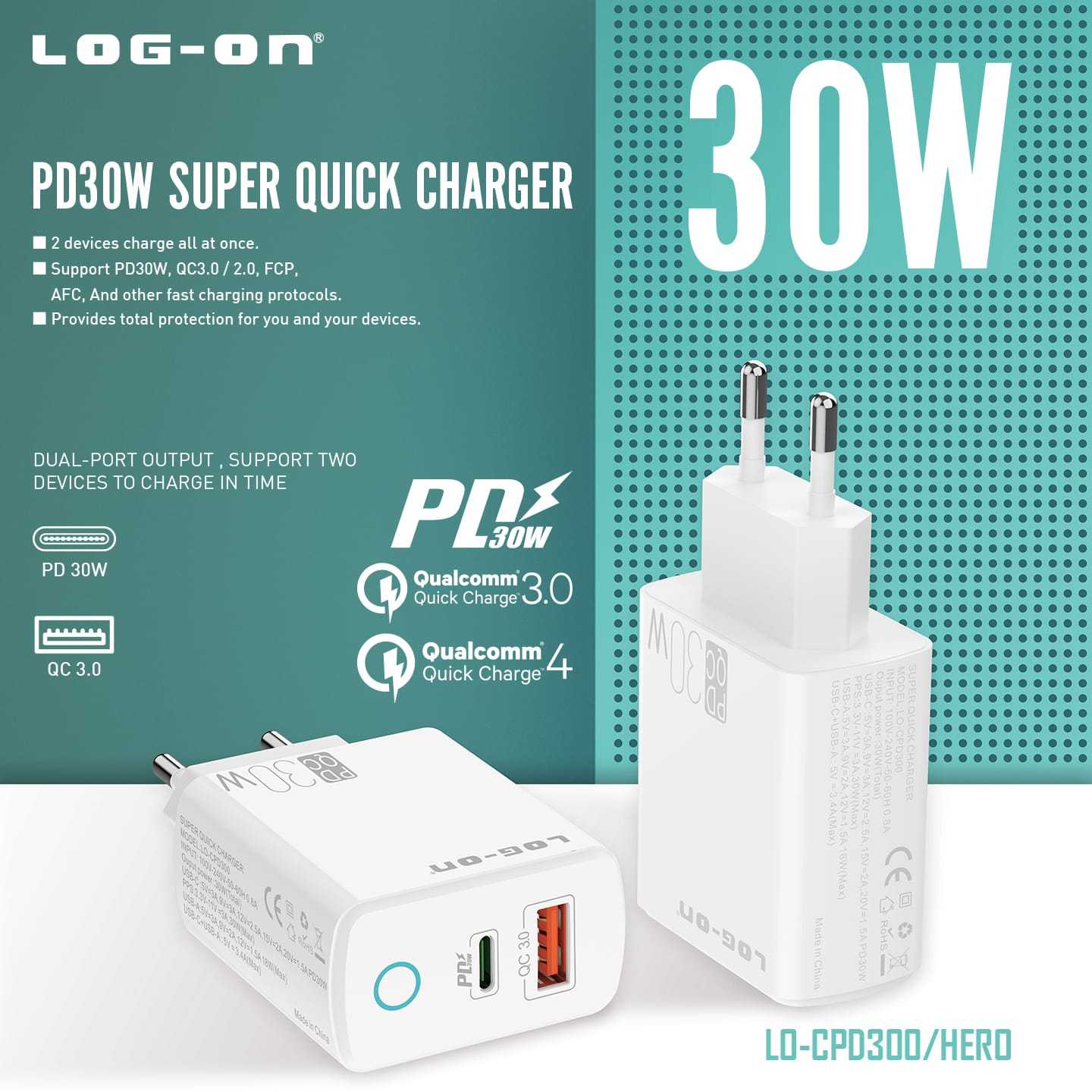 Jual LOG-ON KEPALA CHARGER 30W LO-CPD300 QC3.0(USB A+USB C)