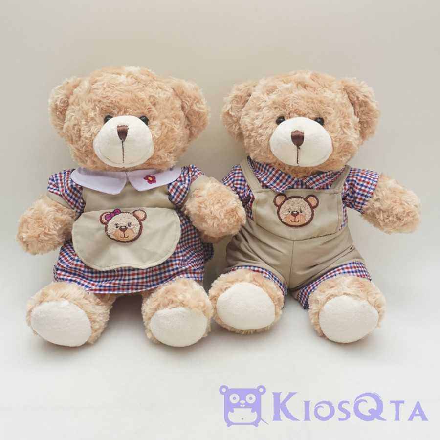 Jual boneka couple teddy bear beruang coklat baju kotak kotak