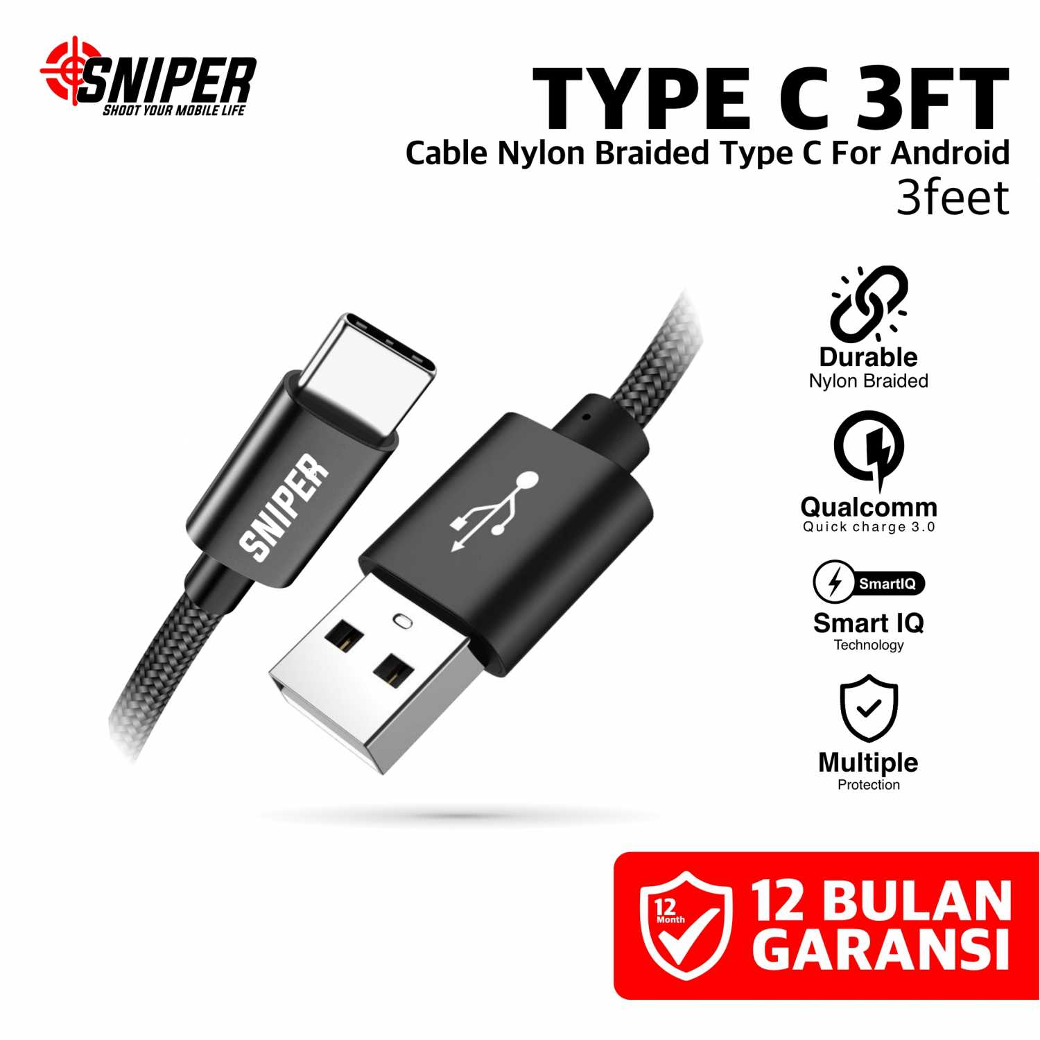 Jual Sniper Cable Nylon Braided USB A to USB C 3ft - Black