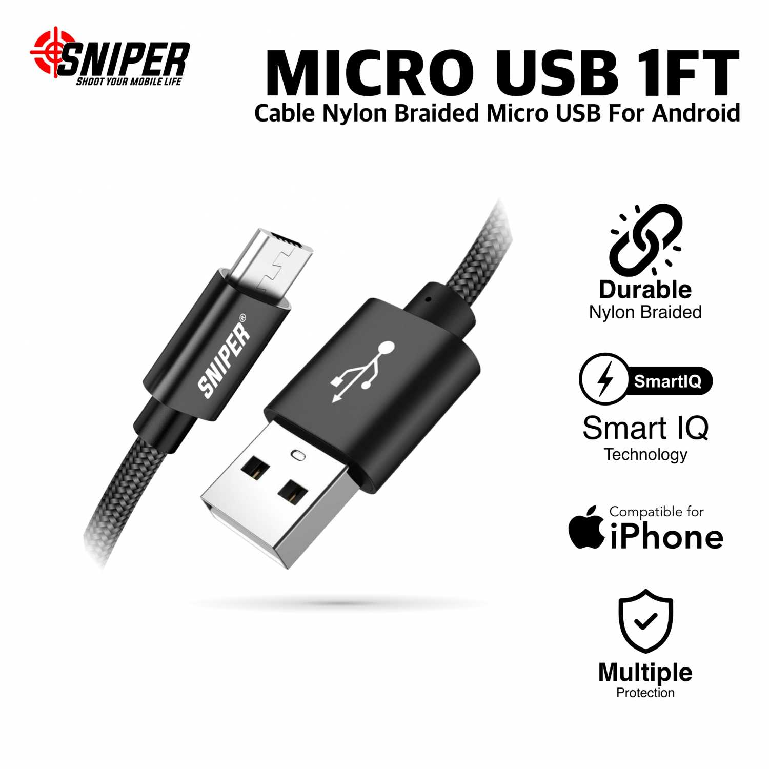 Jual Sniper Cable Nylon Braided Micro Usb 1ft /30cm - Black