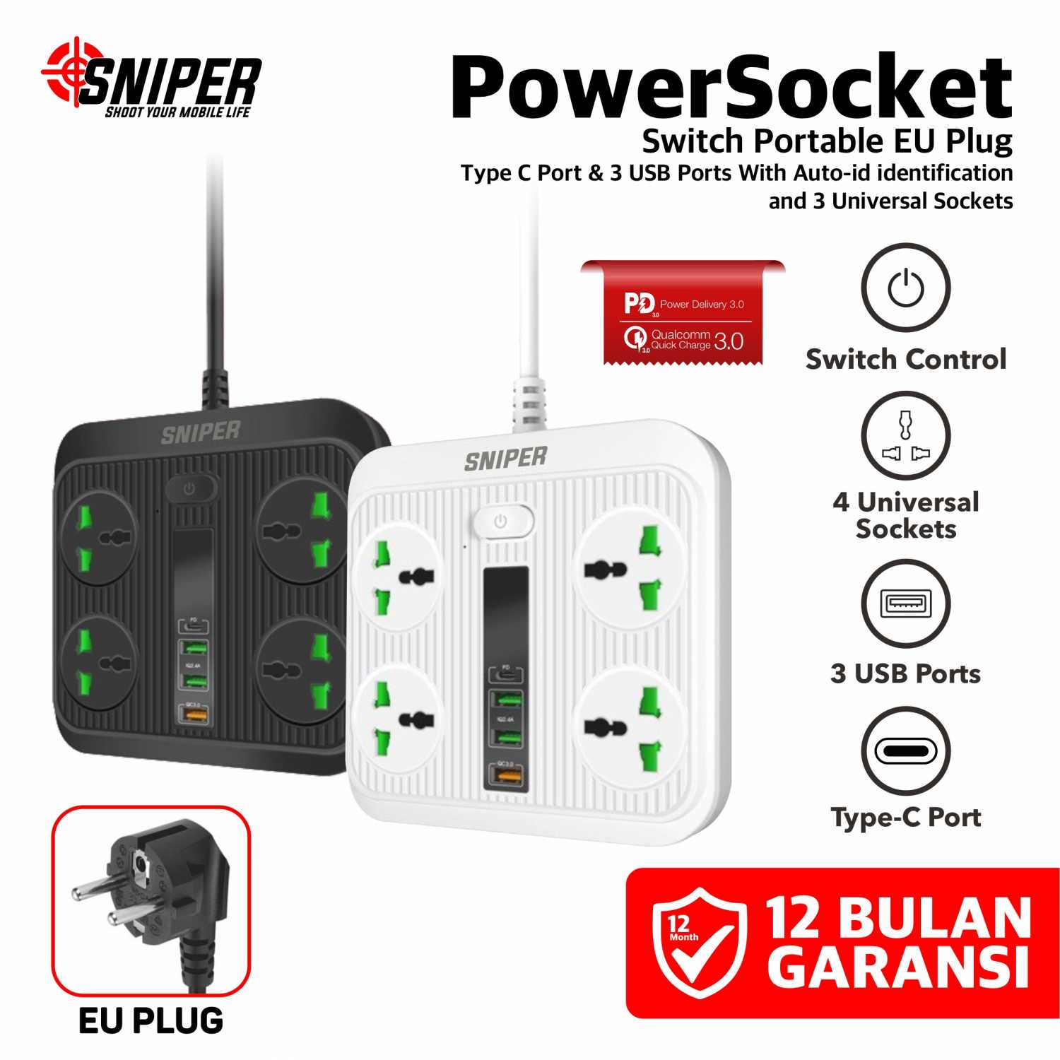 Jual Sniper Powersocket 4 AC Outlets 3 USB and Type C Port Quick