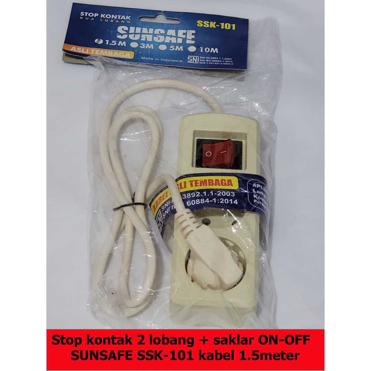 Jual stop kontak 2 lobang saklar on off 1,5m SUNSAFE SK-101