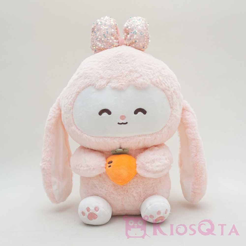 Jual boneka kelinci pink lucu pita glitter bawa wortel orange