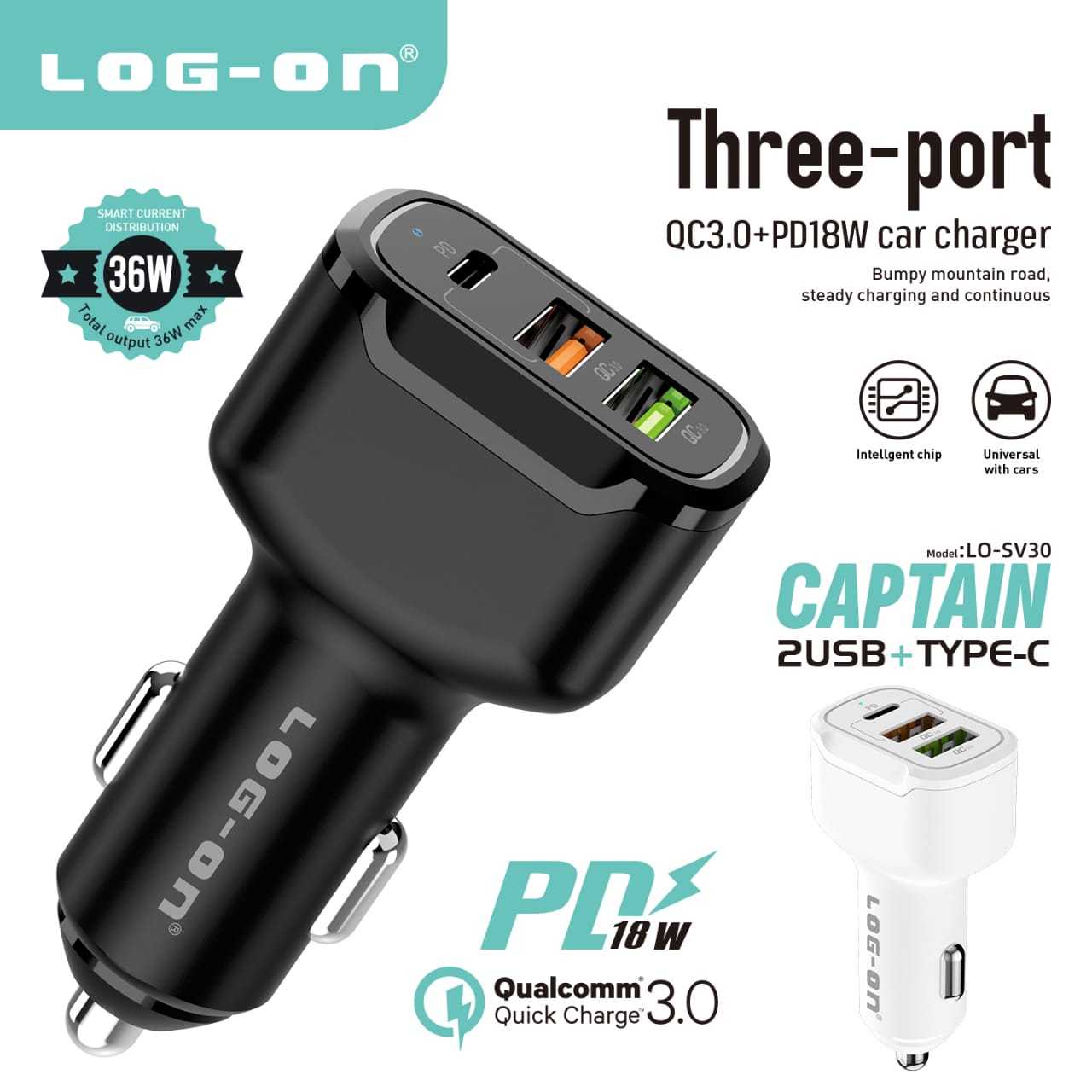 Jual LOG ON CAR CHARGER 3PORT USB LO-SV30 PD+QC3.0 FAST CHARGING
