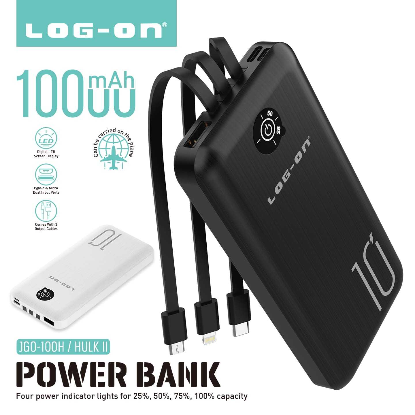 Jual LOG ON POWERBANK 10.000MAH 3KABEL(TYPE C,MICRO&LIGHTNING)