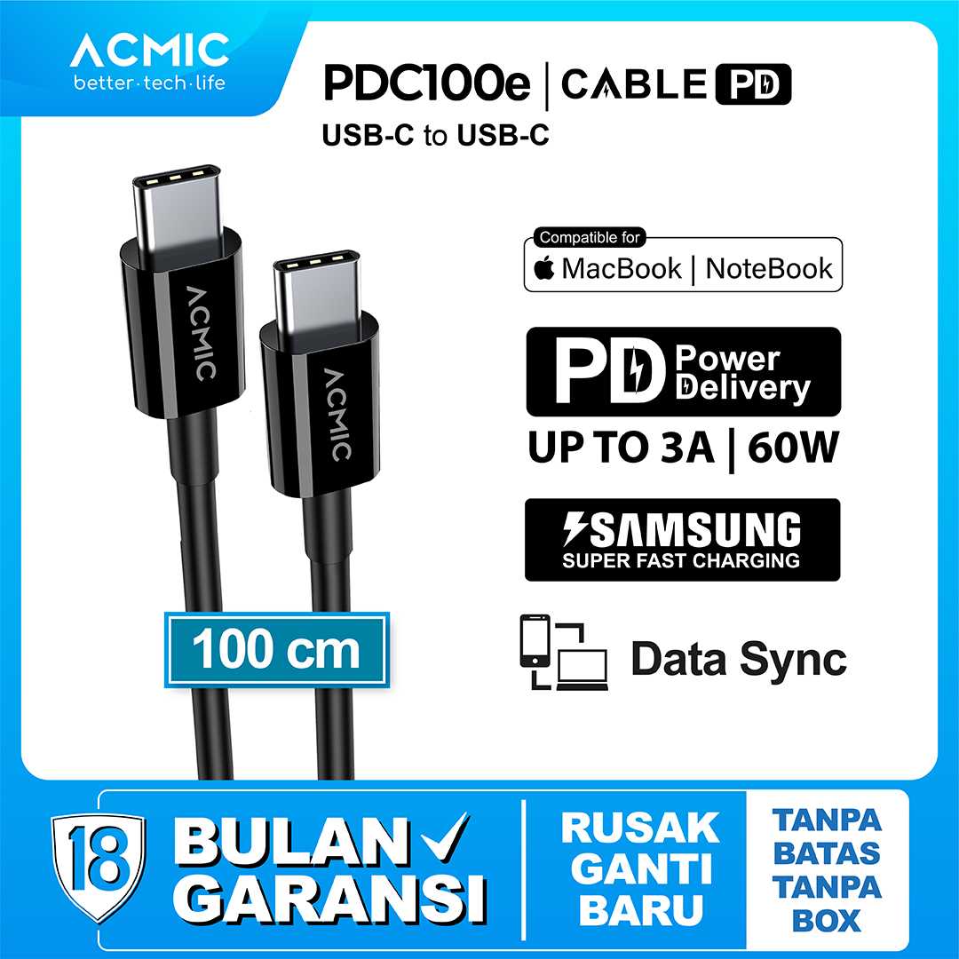 Jual ACMIC PDC100e Power Delivery (PD) 100cm Cable USB Type C to