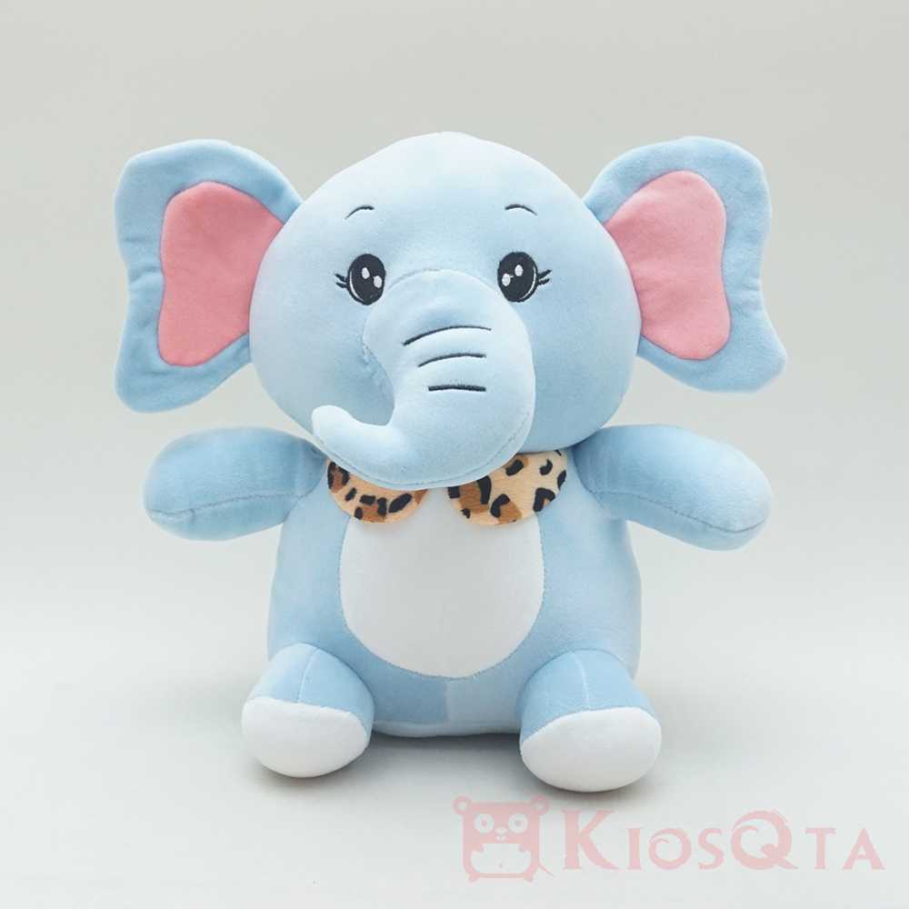 Jual boneka gajah lucu duduk biru muda slaber motif leopard