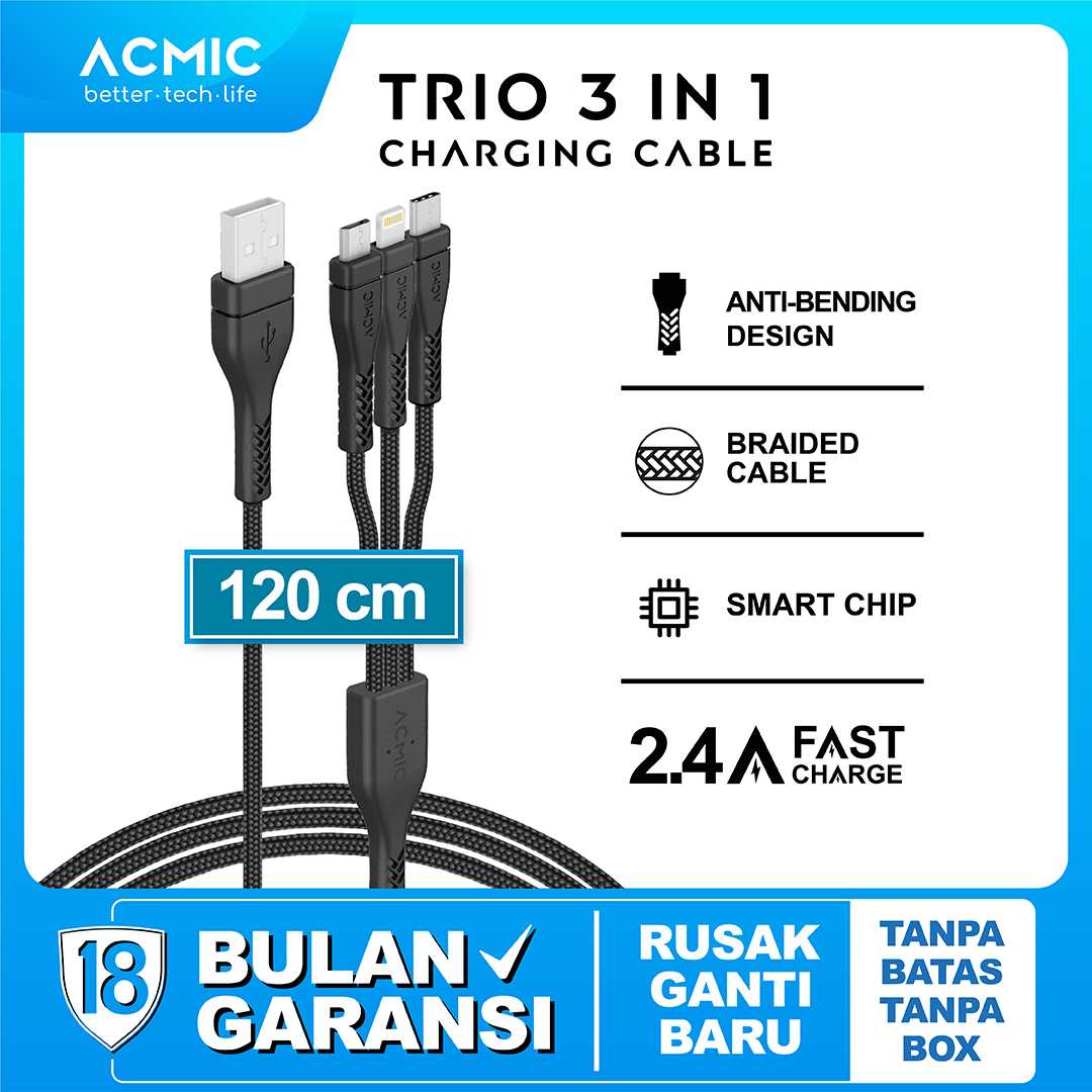 Jual ACMIC TRIO Kabel 3 in 1 Fast Charging 2.4A Cable Charger
