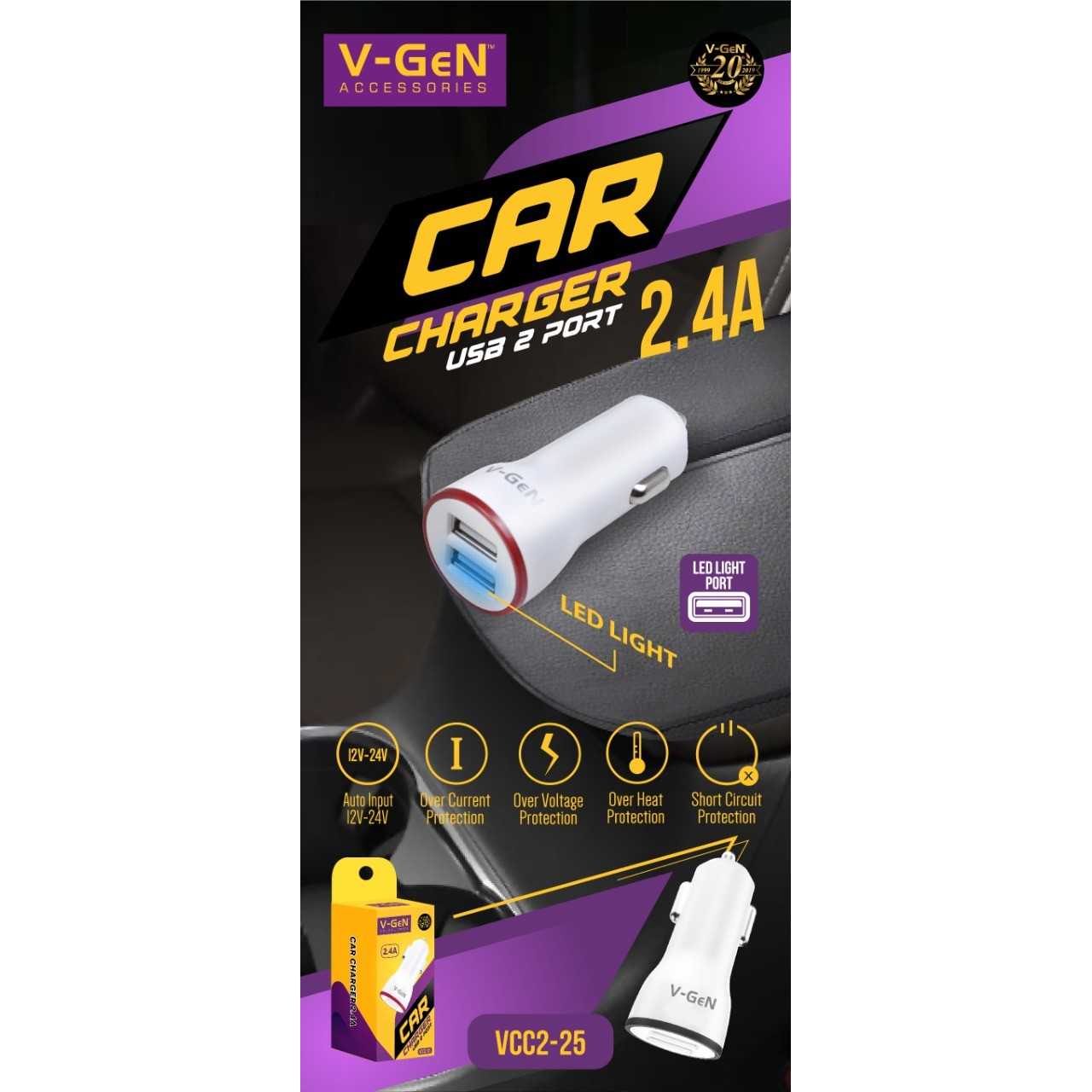 Jual Car Charger V-GeN VCC2-25 Dual LED Port USB 2.4A Charger