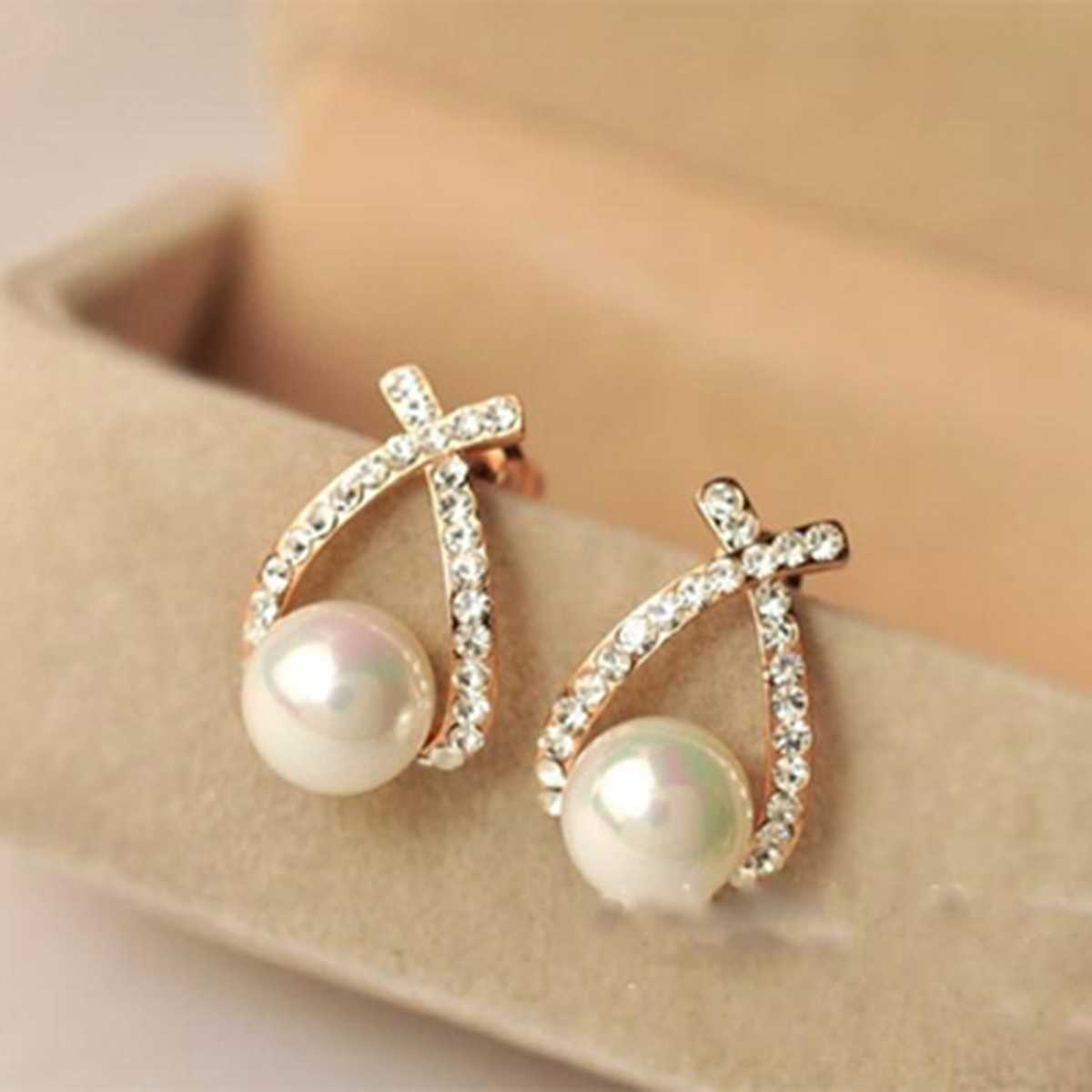 Jual anting mutiara diamond silang cross pearl diamonds earrings