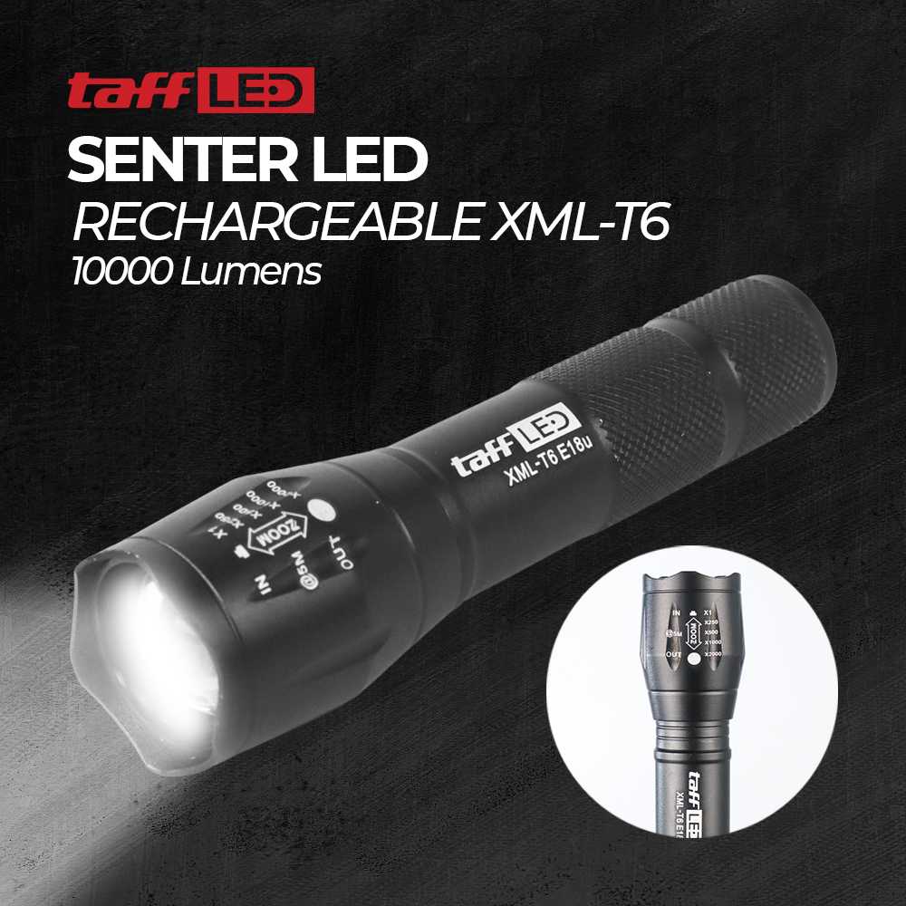 Jual TaffLED Senter LED USB Rechargable Zoomable XML-T6 10000