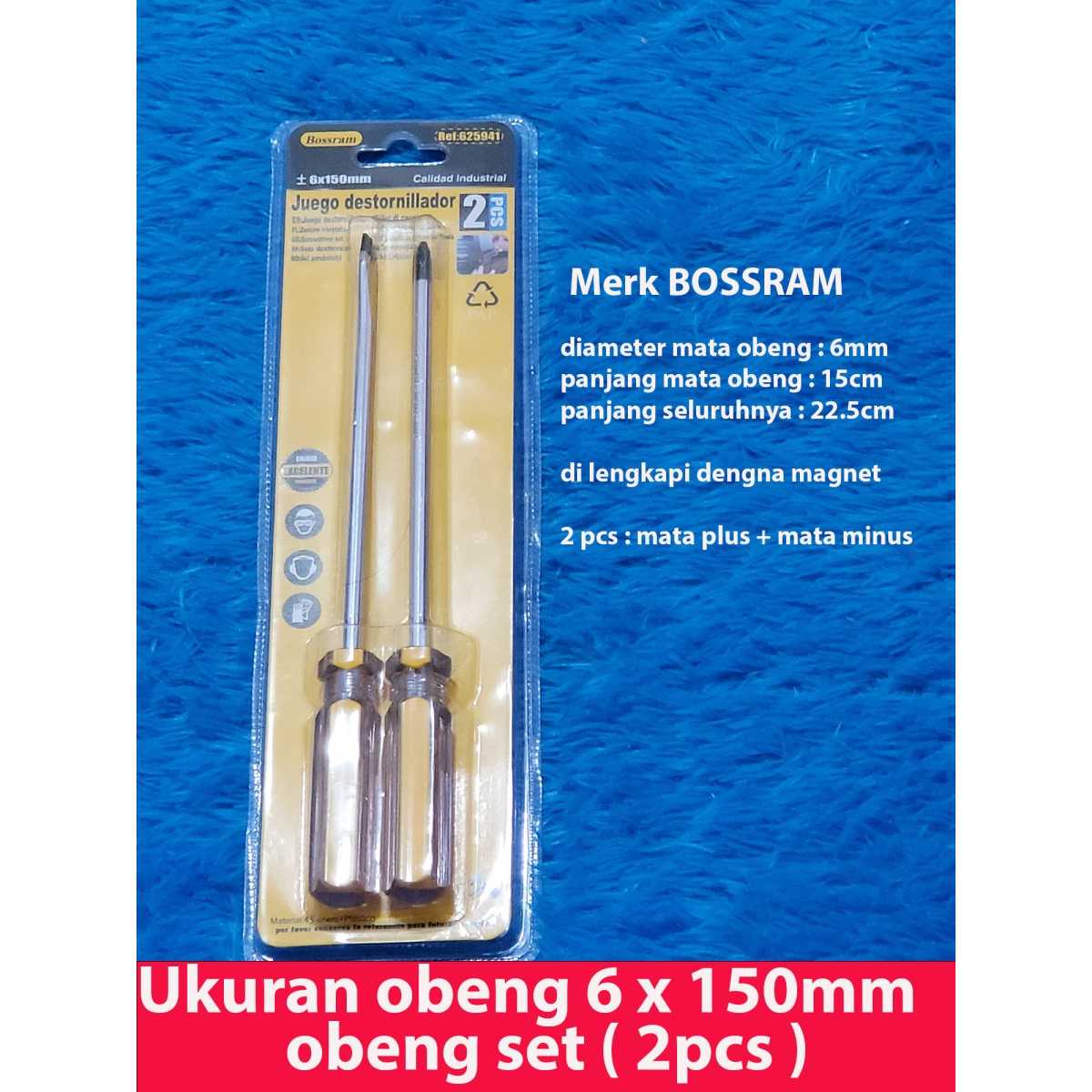 Jual obeng 2 pcs 6x150mm BOSSRAM mata magnet plus + minus