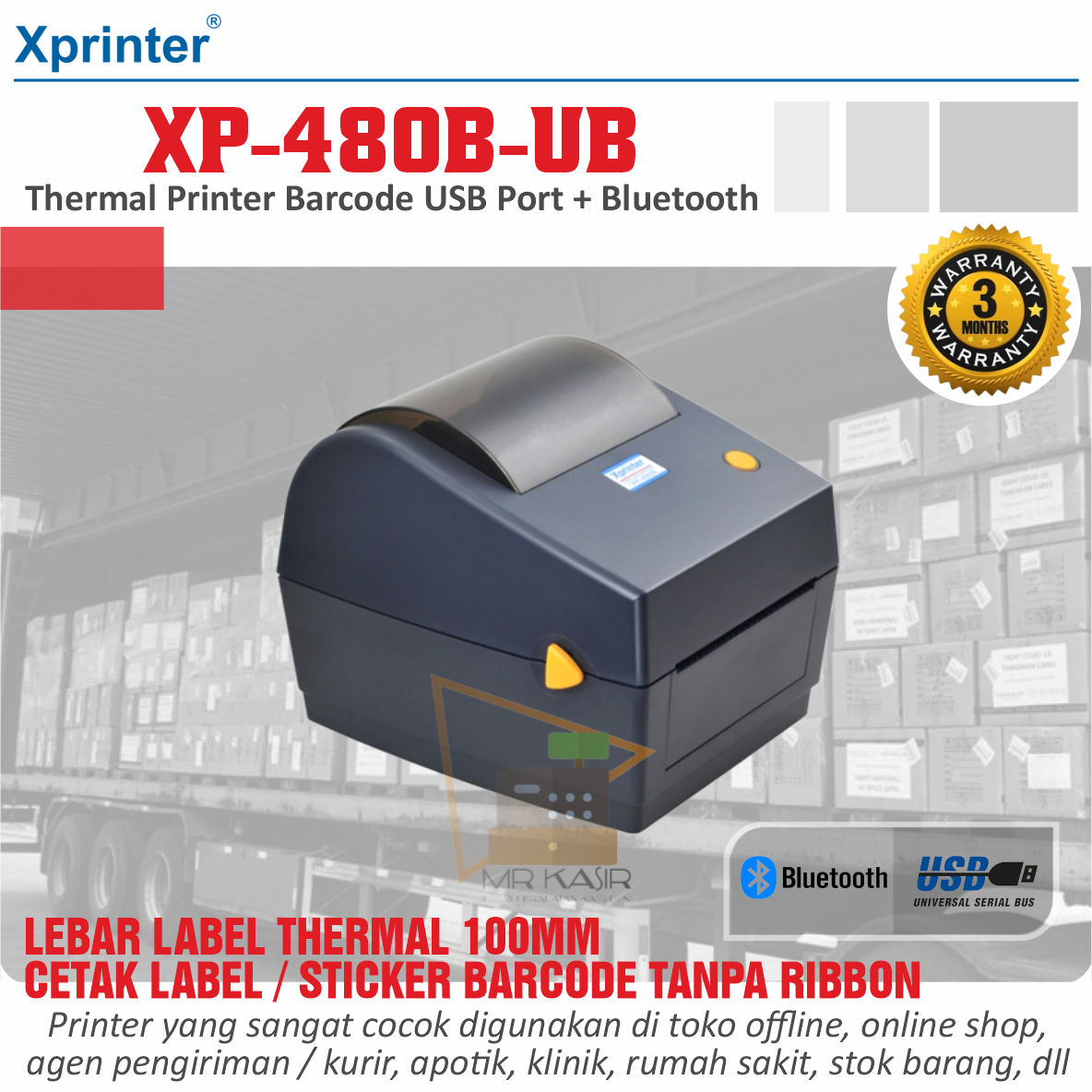 Jual XPRINTER XP480B PRINTER BARCODE THERMAL USB BLUETOOTH