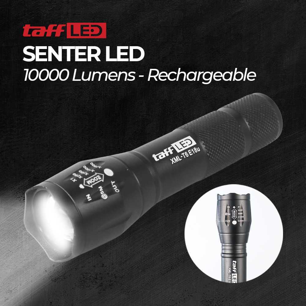 Jual TaffLED Senter LED USB Rechargable Zoomable XML-T6 10000