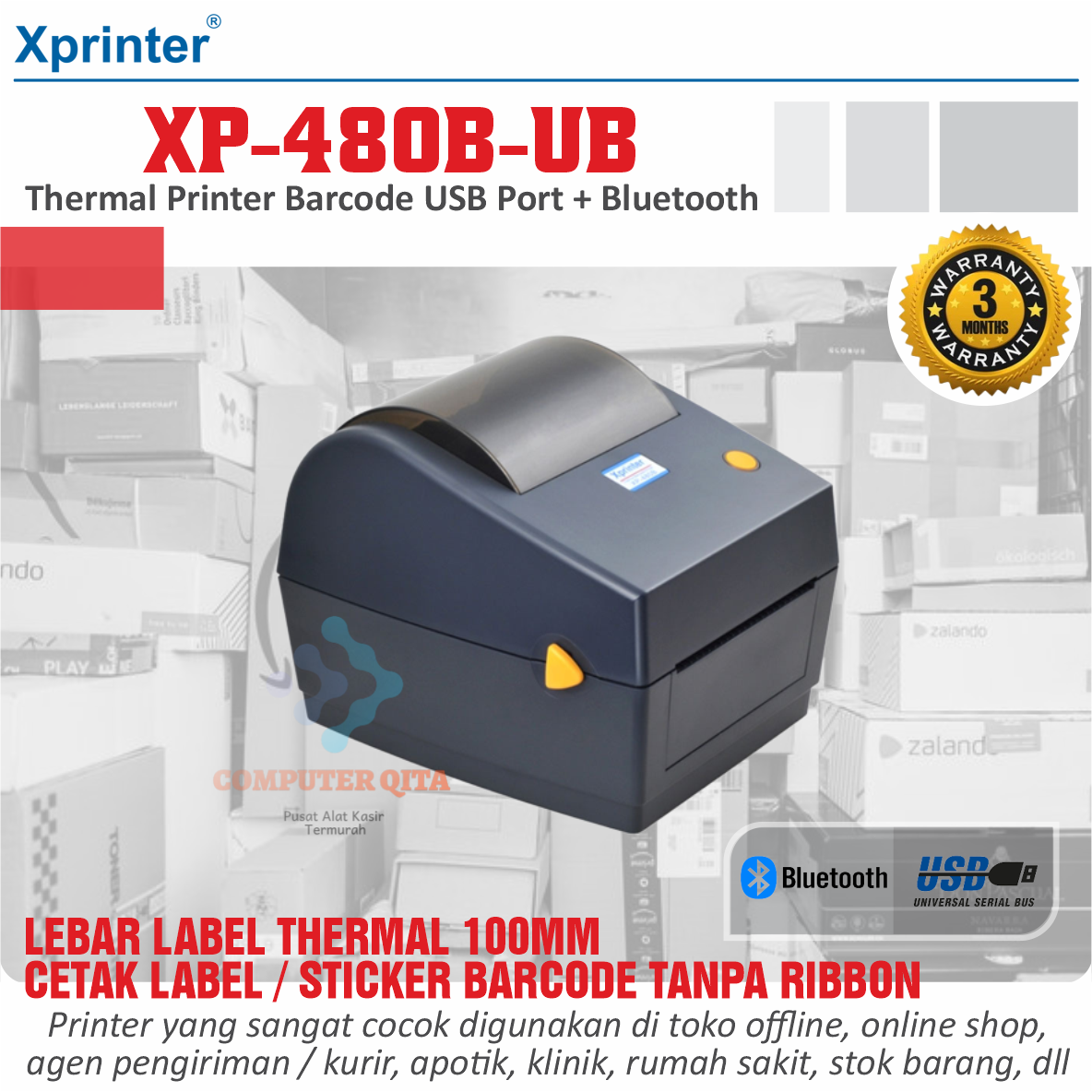 Jual XPRINTER XP480B PRINTER BARCODE THERMAL USB BLUETOOTH