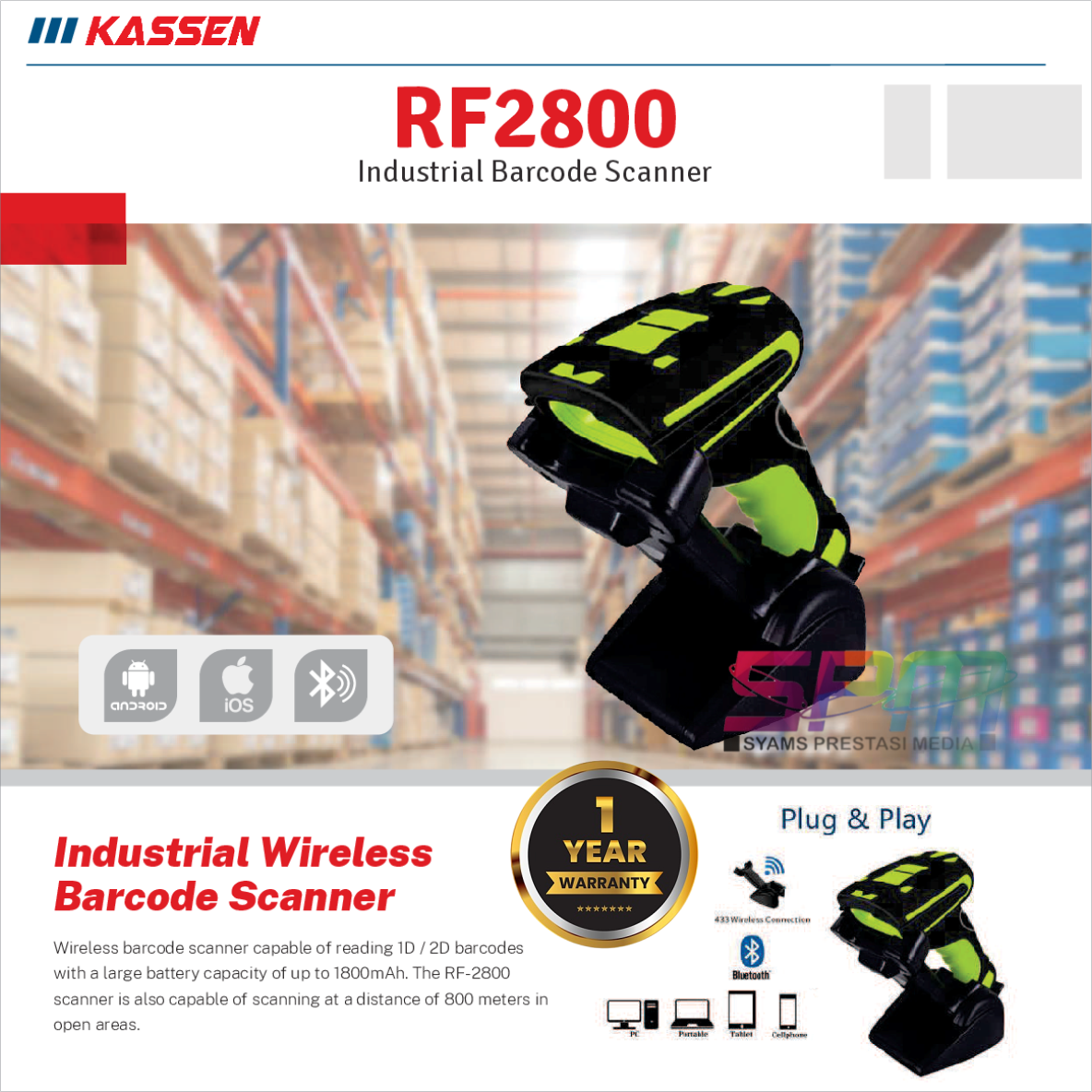 Jual KASSEN RF2800 INDUSTRIAL WIRELESS BARCODE SCANNER 1D/2D
