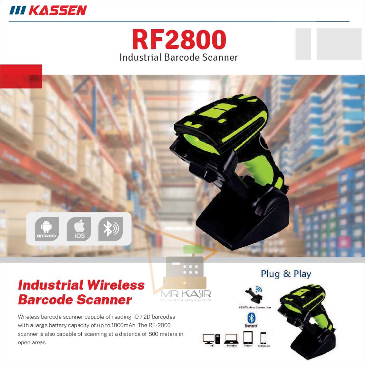 Jual KASSEN RF2800 INDUSTRIAL WIRELESS BARCODE SCANNER 1D/2D