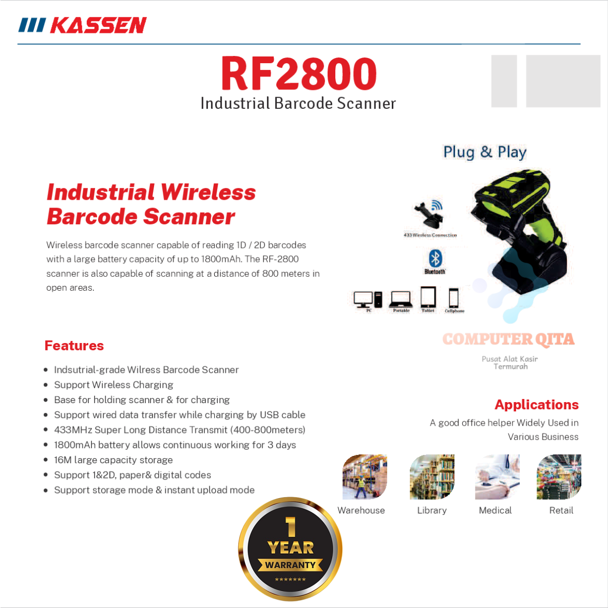 Jual KASSEN RF2800 INDUSTRIAL WIRELESS BARCODE SCANNER 1D/2D