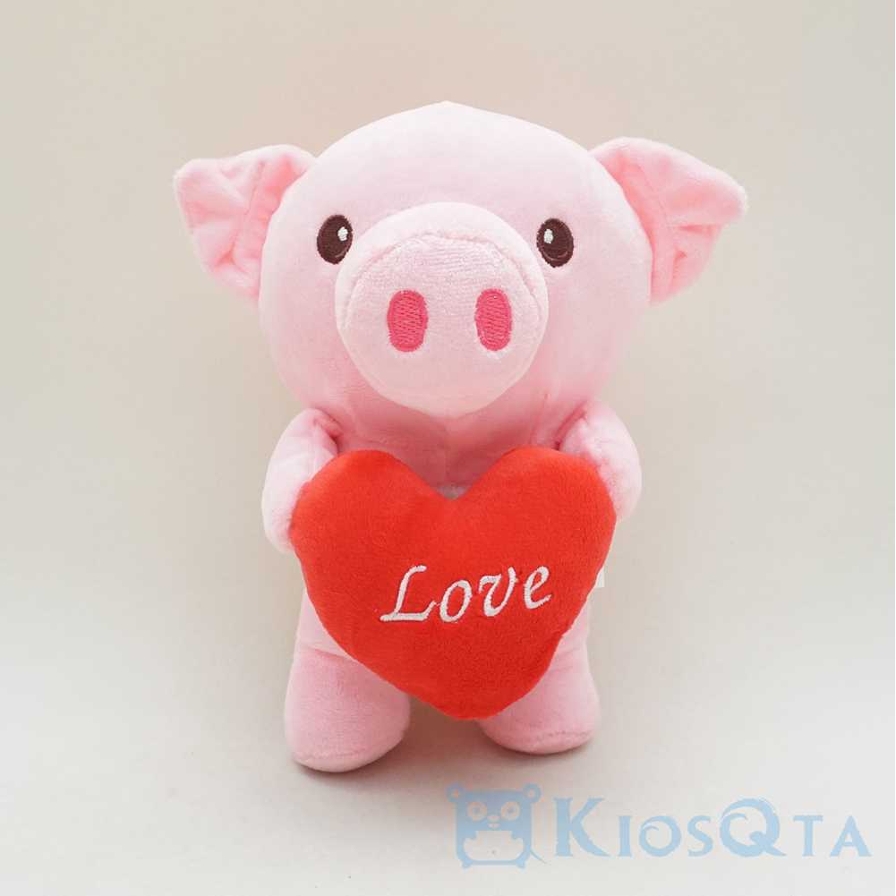 Jual boneka babi pink berdiri standing pig bawa hati love merah