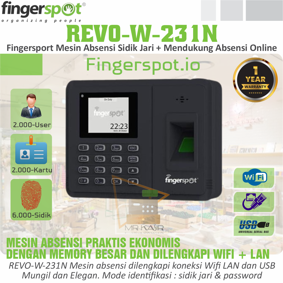 Jual FINGERSPOT MESIN ABSENSI REVO W 231N WIFI LAN DAN USB